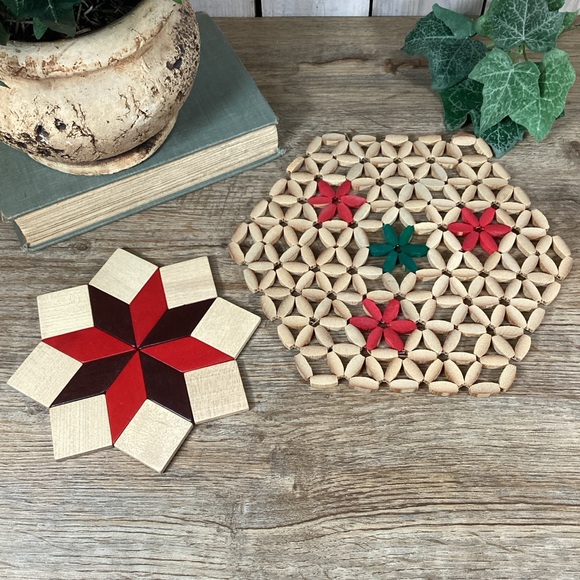 Kitchen | Vintage Wood Trivets Bamboo Bead And West Germany Quilt Star ...